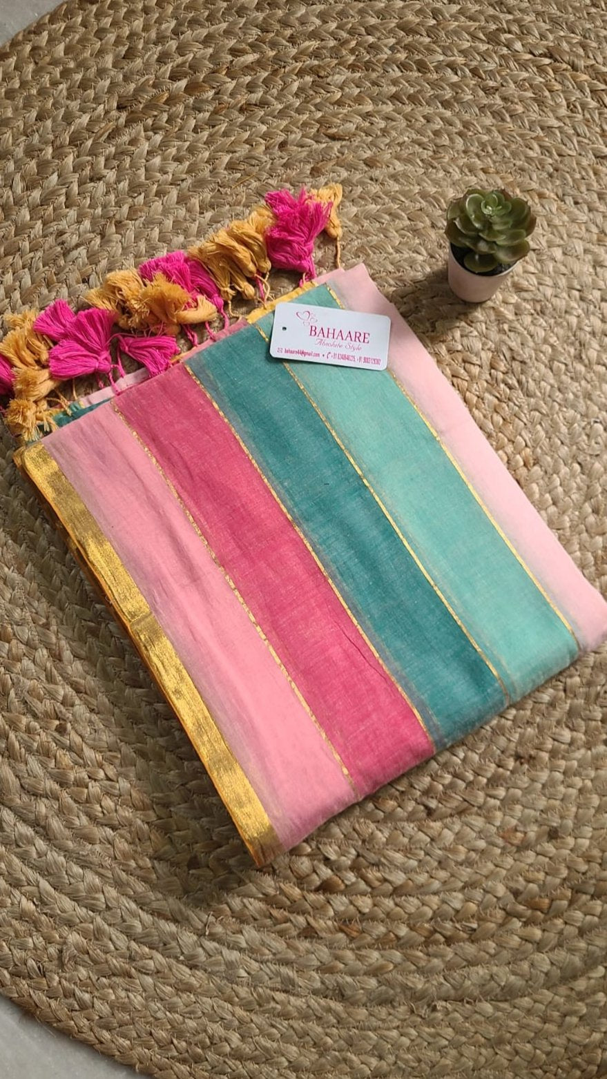 Mohini | Multicoloured Mul Mul Cotton Saree with Golden Tissue Border ...