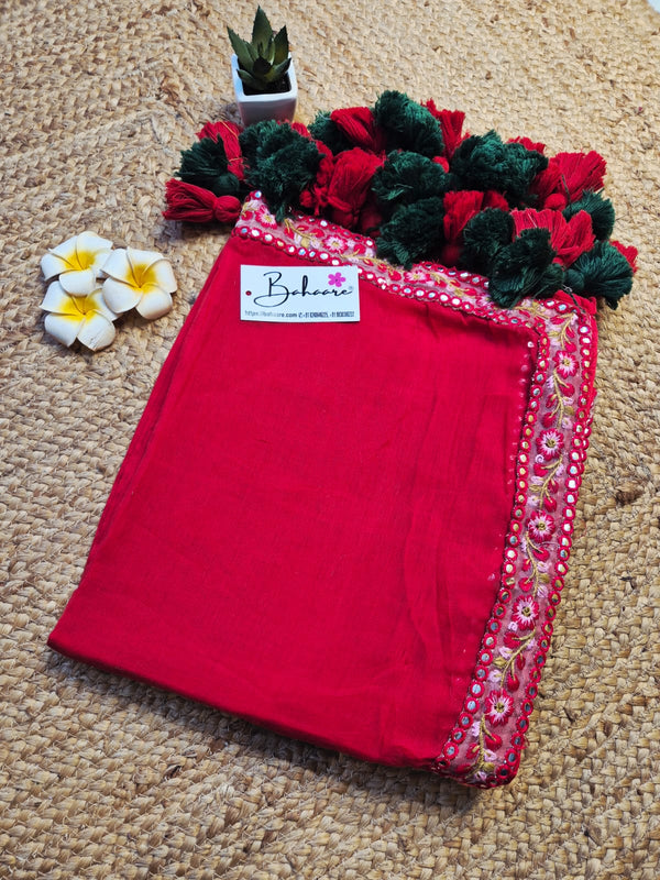 Mohini | Rose Red Mul Mul Cotton Saree with Embroidery Lace – Bahaare